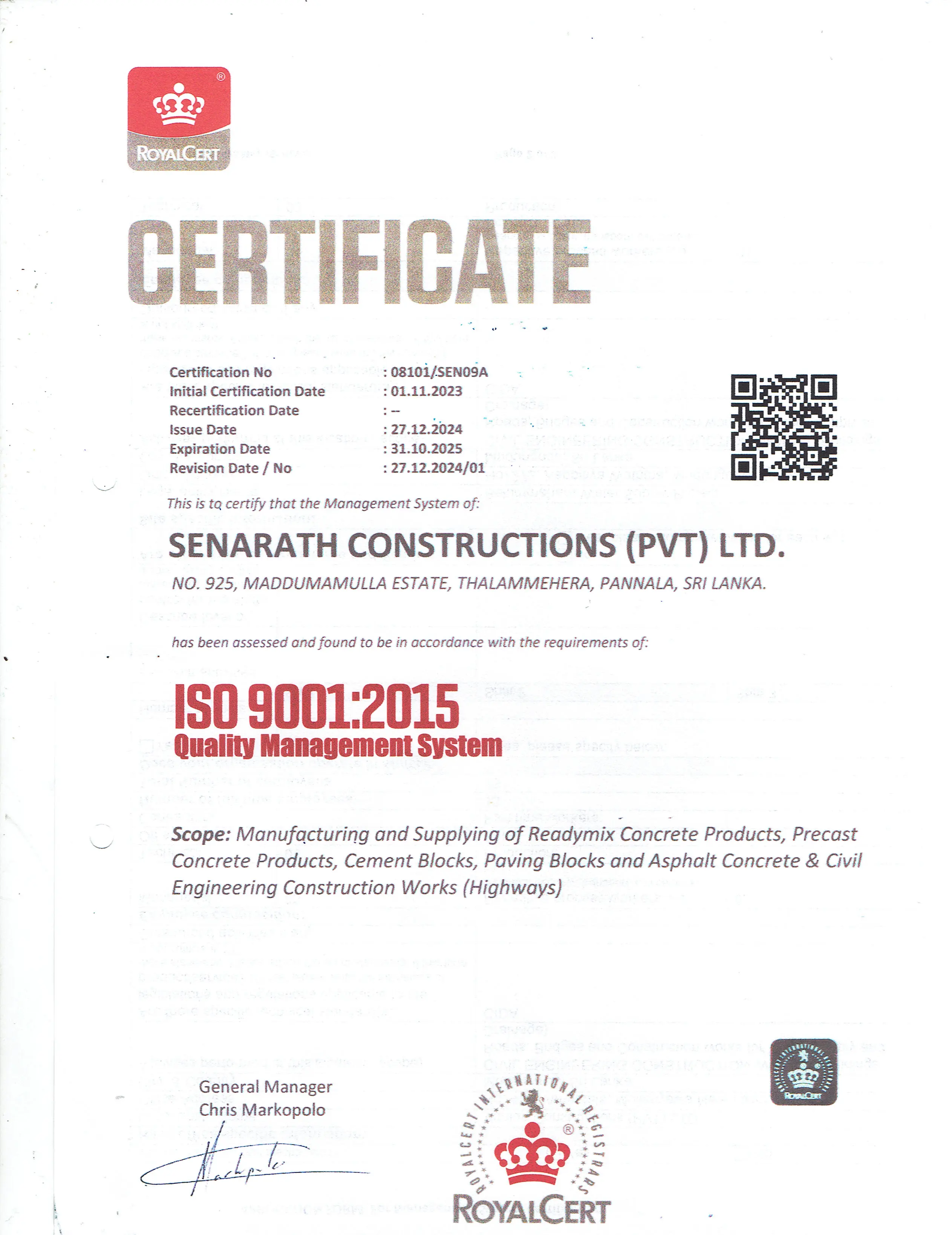 Senarath Construction | ISO Certificate of Quality Management System